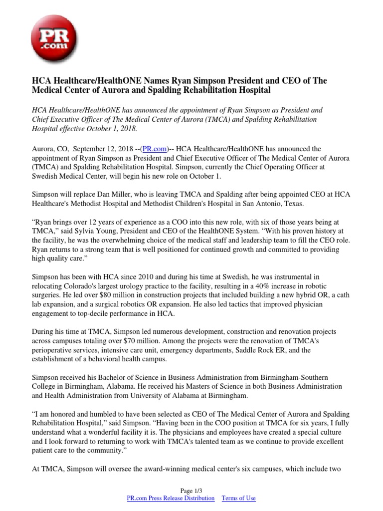 HCA Healthcare/HealthONE Names Ryan Simpson President and CEO of The ...