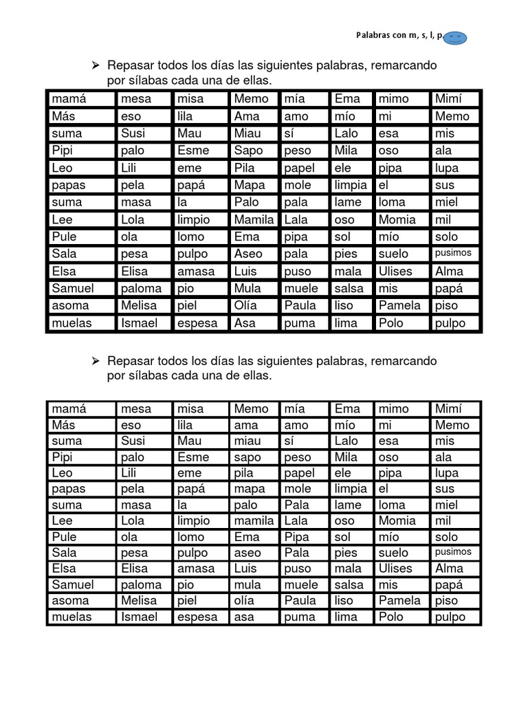 Palabras Con M, S, L, P | PDF | Poesía