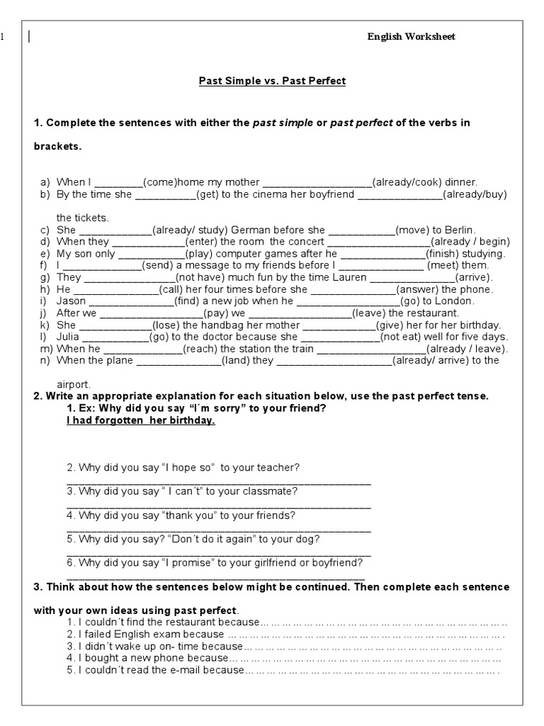 Worksheet Past Perfect and Simple | PDF | Perfect (Grammar) | Morphology