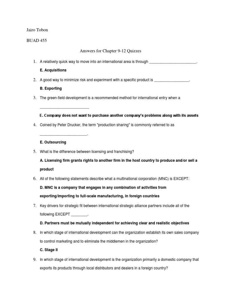 International Business Strategy Quiz Answers | PDF | Layoff | Employment