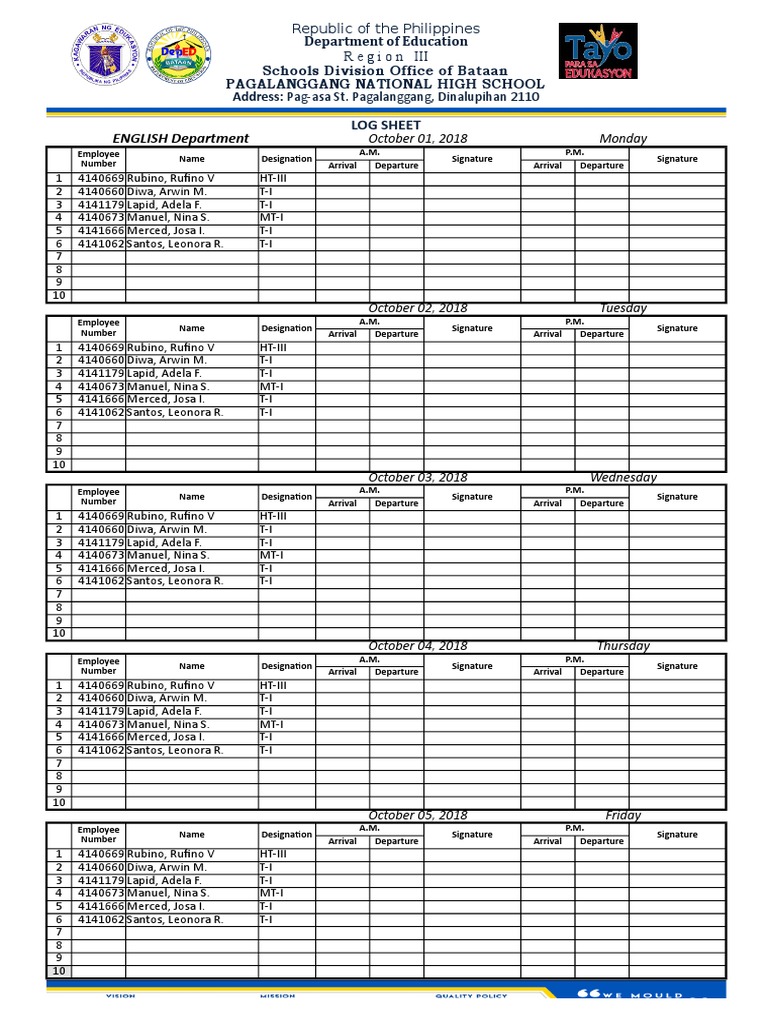 Pagalanggang National High School Log Sheet | PDF