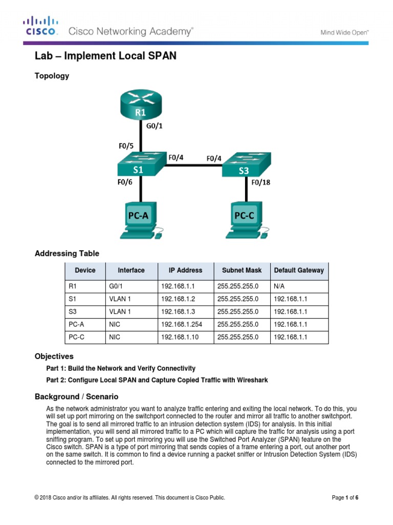 4.8.2.2 Lab - Implement Local SPAN | PDF | Network Switch | Router (Computing)