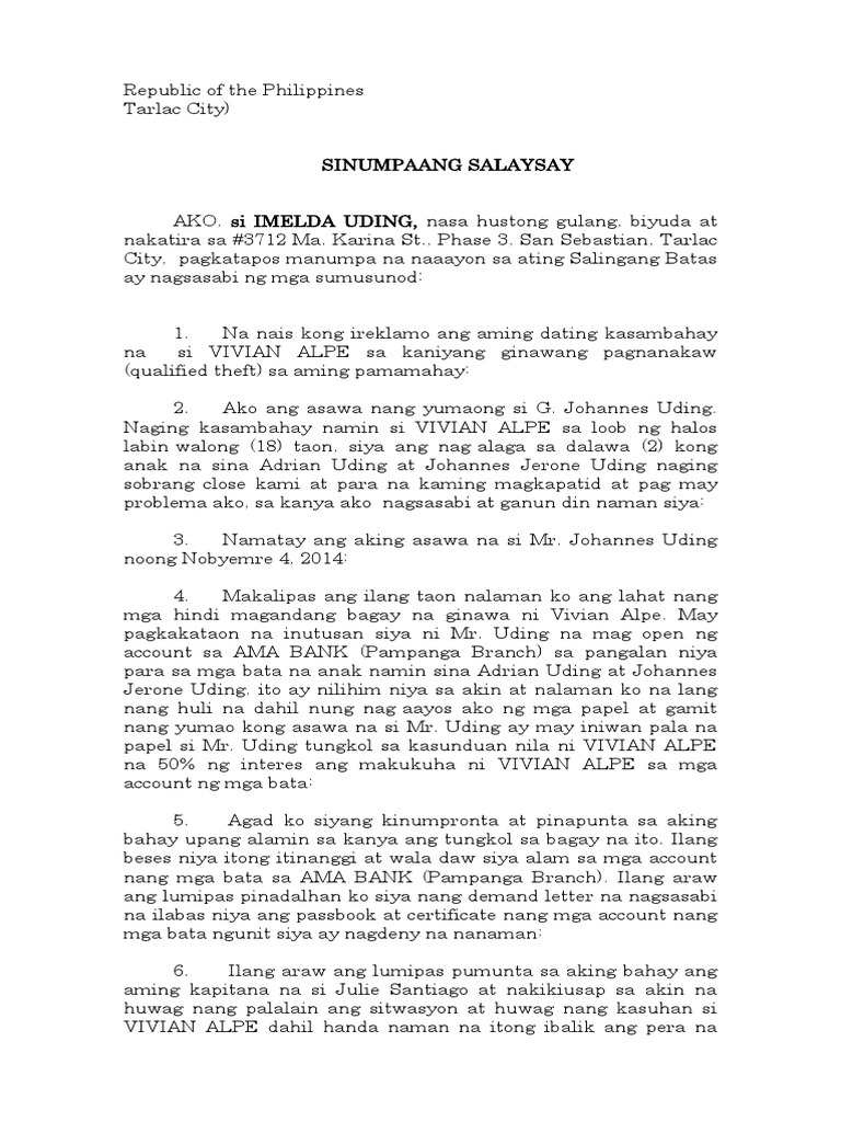 Sinumpaang Salaysay Ng Pagrereklamo Uding