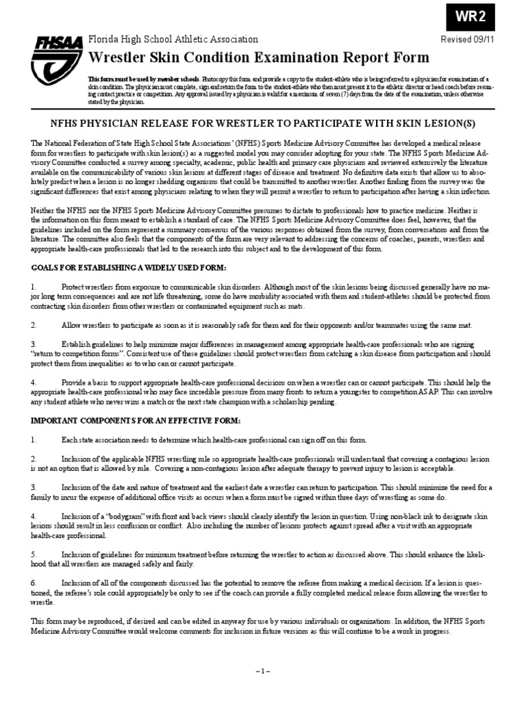 Wrestler Skin Condition Exam Report Form wr2 | PDF | Microbiology ...