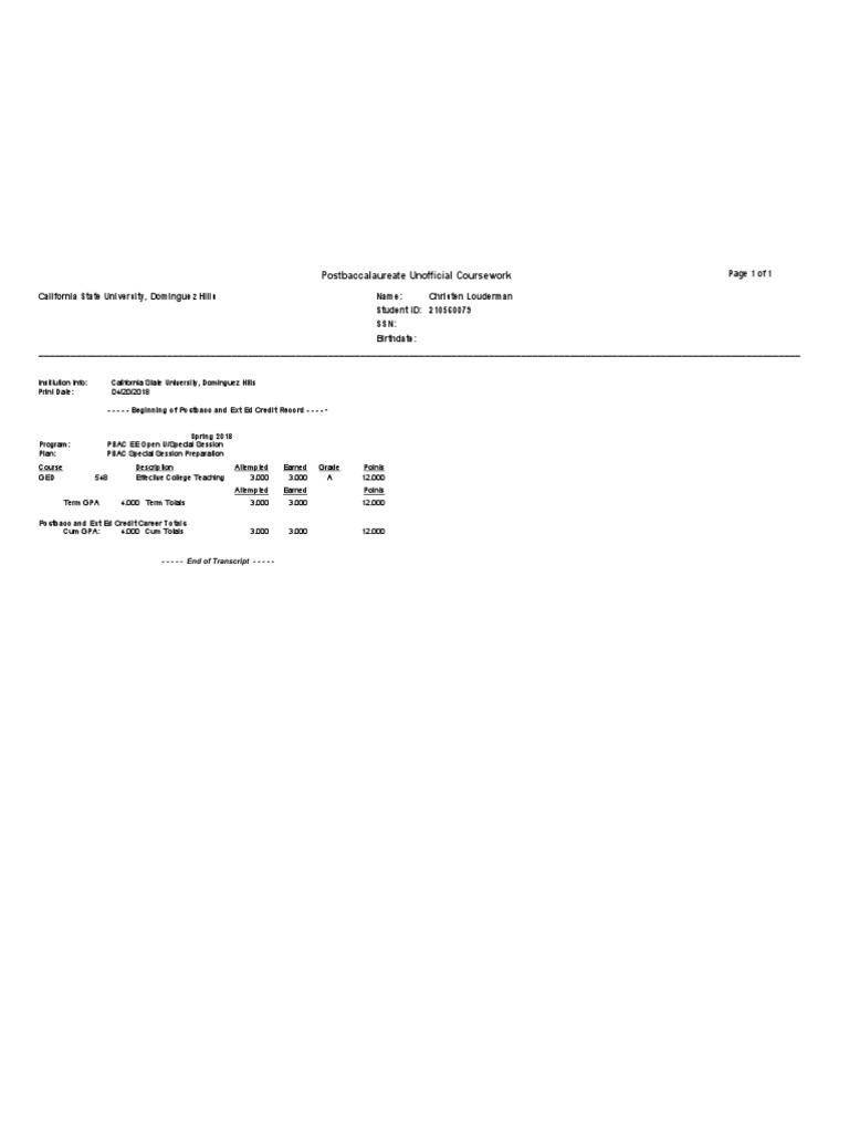 Unofficial Transcript Csudh | PDF