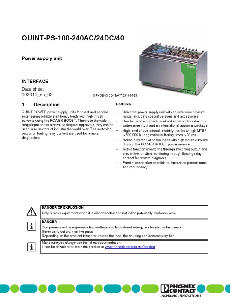 Quint - PS - 100 - 240ac24 DC40 | PDF | Power Supply | Direct Current