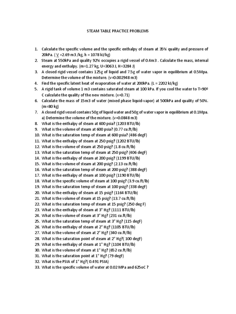 Steam Table Practice Problems Samples | PDF | Thermodynamic Properties | Physical Chemistry