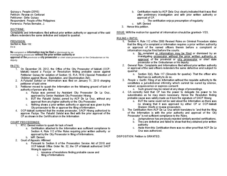 Quisay v. People (2016): Information Quashed Due to Lack of Prior ...