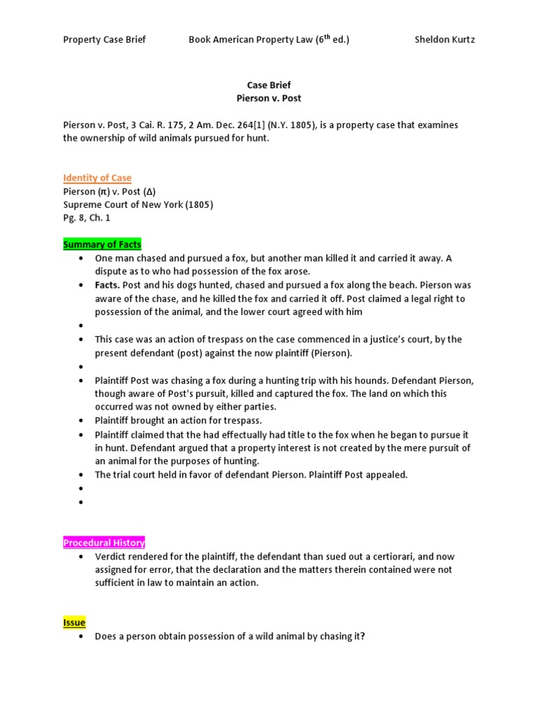 Pierson v. Post Case Brief | PDF | Public Law | Justice