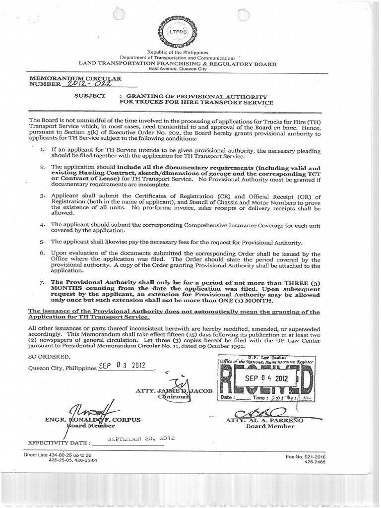 LTFRB MC No. 2012-022 | PDF