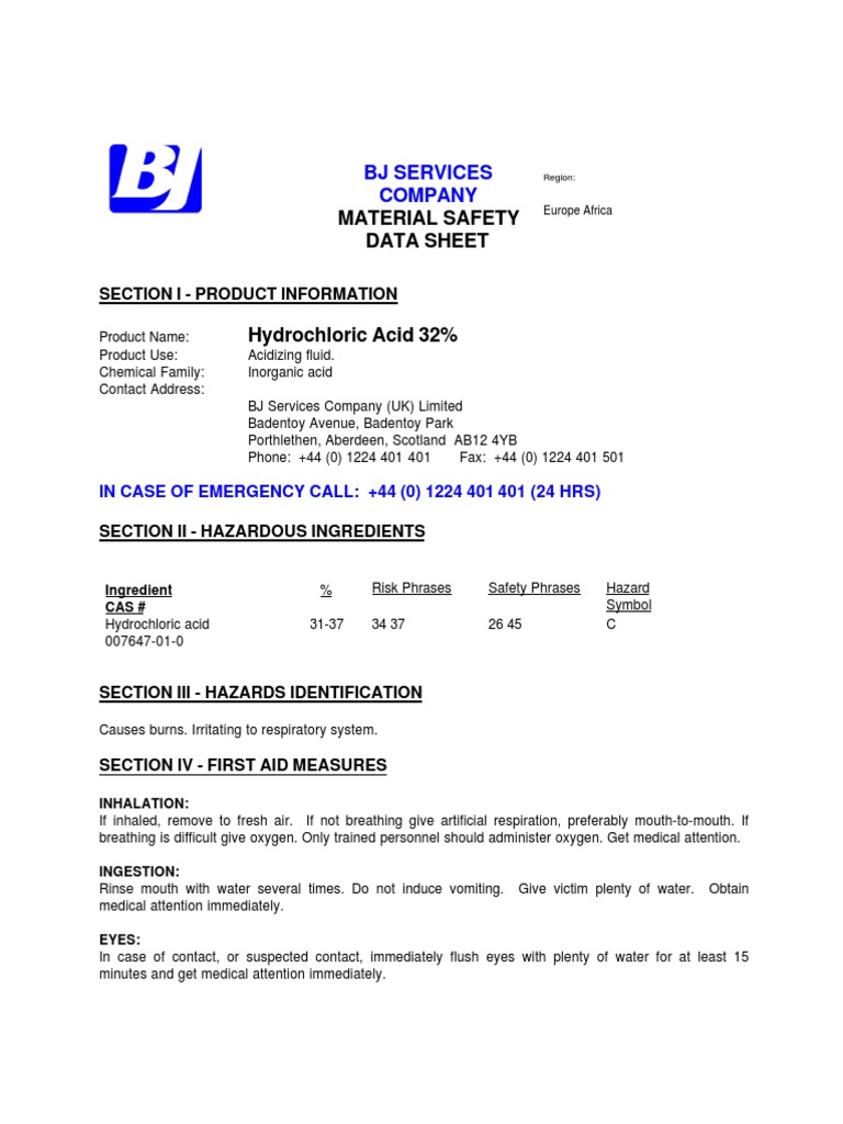 Material Safety Data Sheet: BJ Services Company | PDF | Dangerous Goods ...