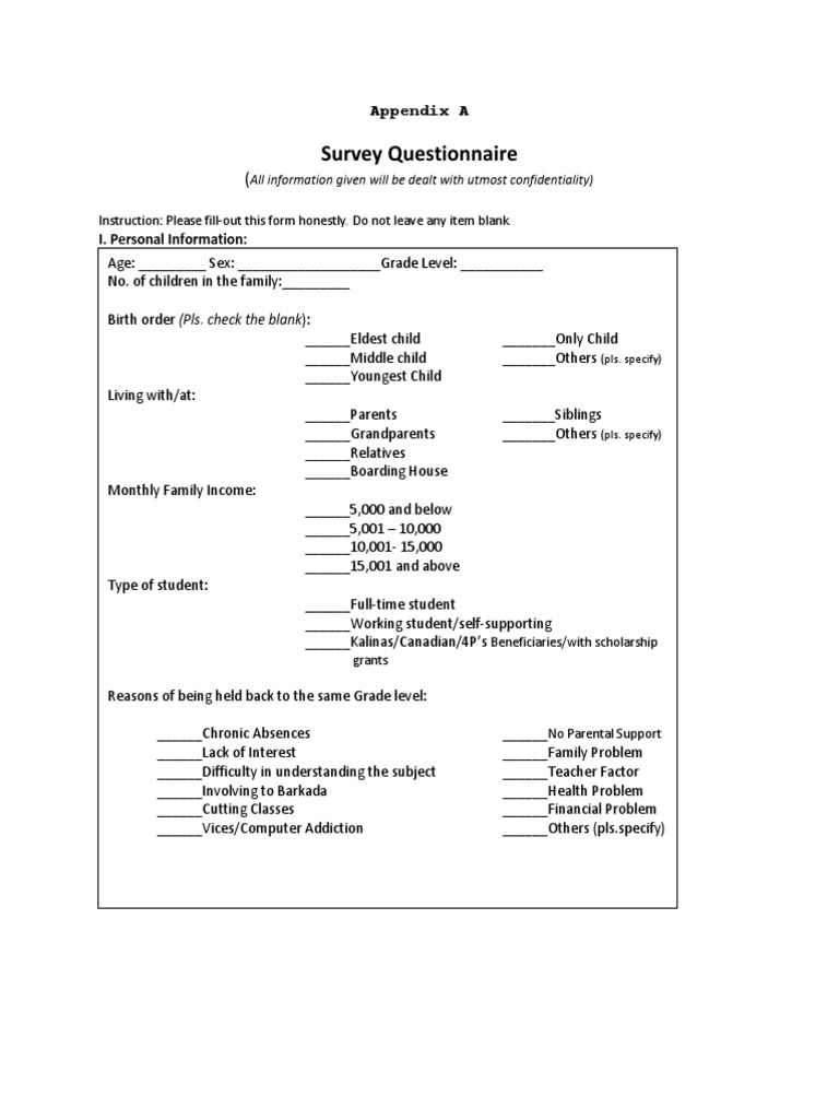Survey Questionnaire: I. Personal Information | PDF | Criticism | Self ...