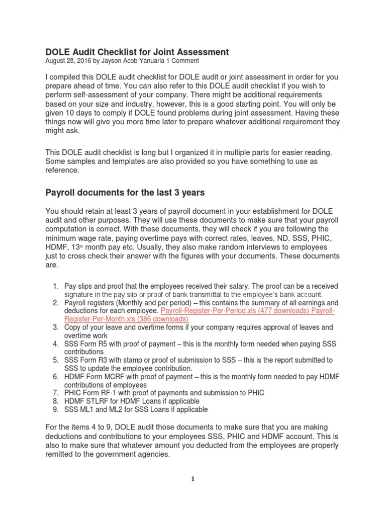 DOLE Audit Checklist For Joint Assessment | PDF | Unemployment Benefits ...