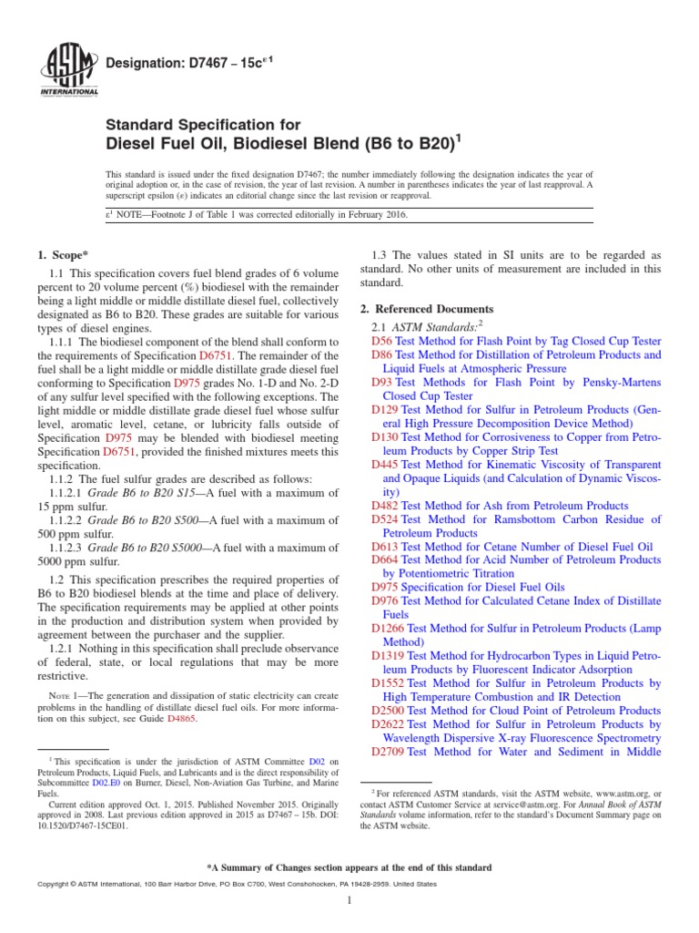 ASTM D7467-15ce1 Spec Biodesel B6 To B20 | PDF | Biodiesel | Diesel Fuel