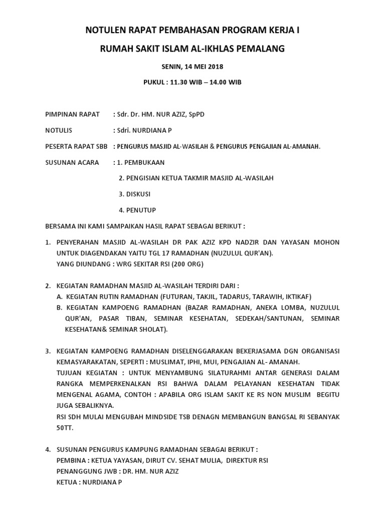 Notulen Rapat Masjid Senin, 140518 | PDF