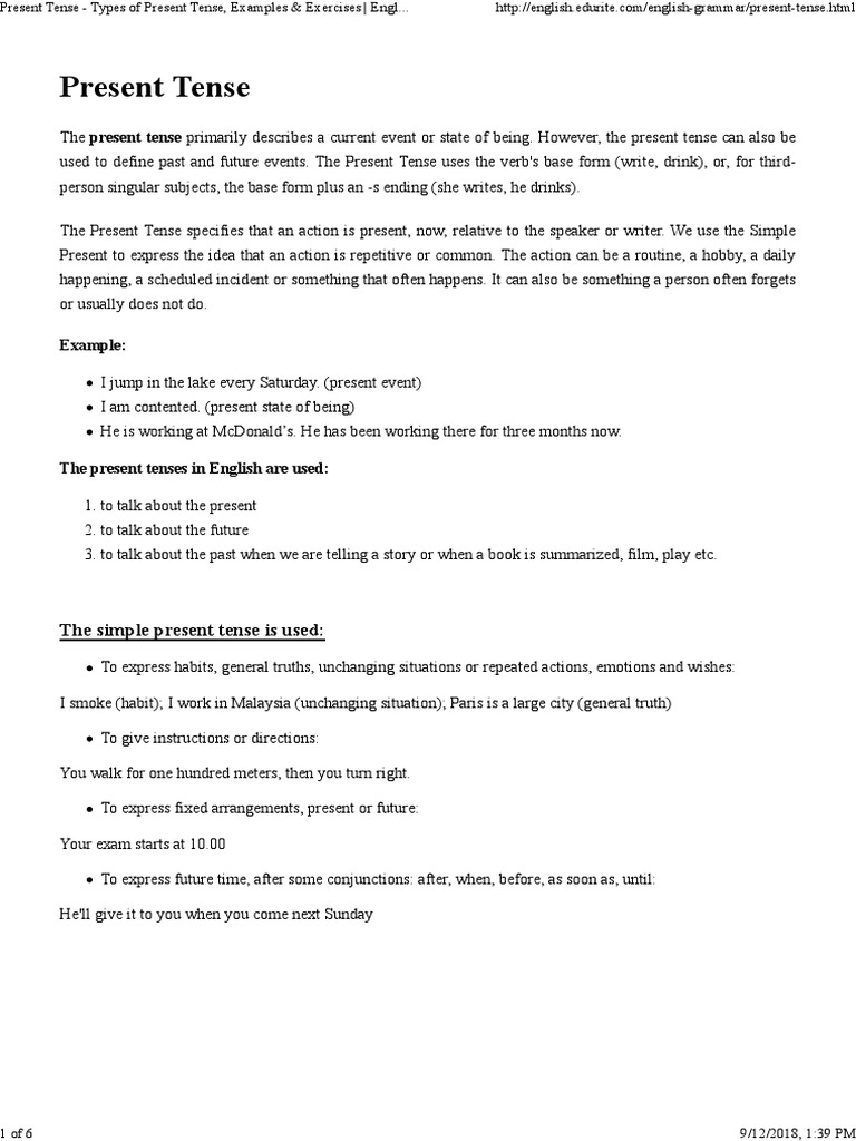Present Tense - Types of Present Tense, Examples & Exercises | PDF ...