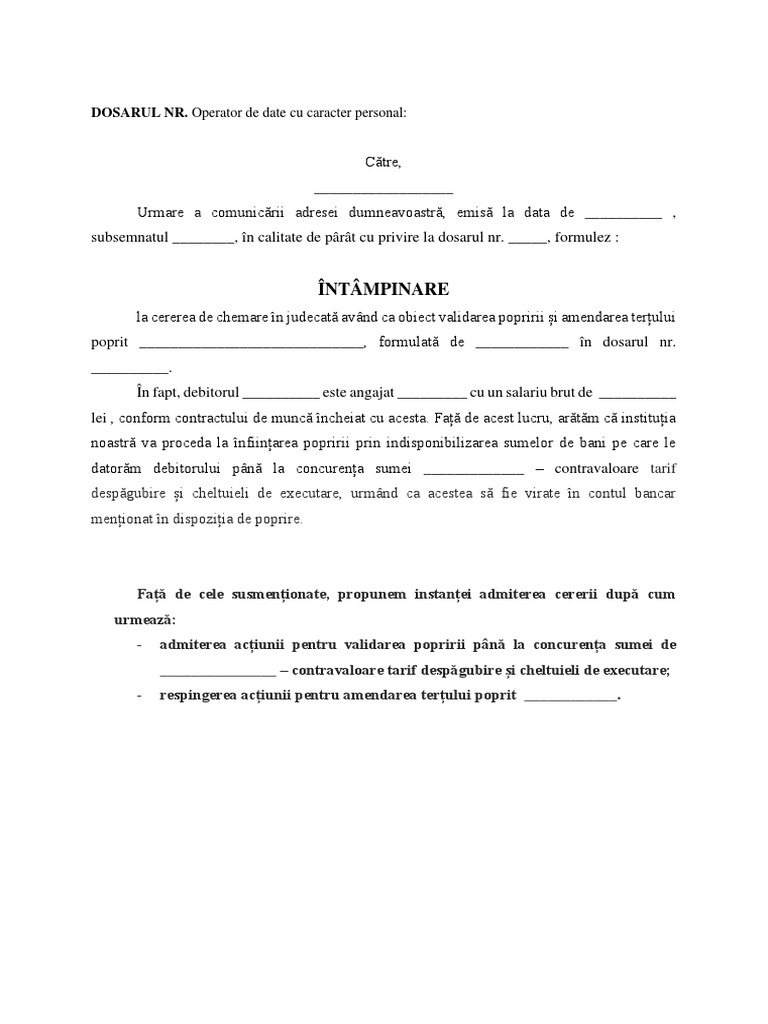 Întâmpinare: DOSARUL NR. Operator de Date Cu Caracter Personal | PDF