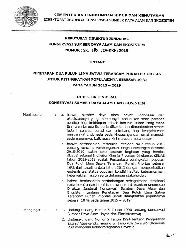 SK Dirjen KSDAE 25 Satwa Prioritas-1 | PDF