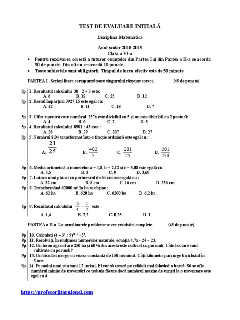 Test de Evaluare Intiala Clasa A 6 A Matematica 2 | PDF