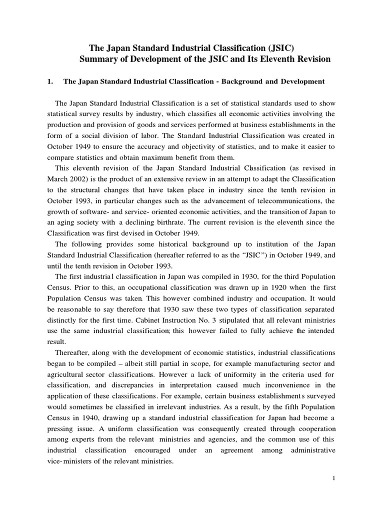 The Japan Standard Industrial Classification (JSIC) Summary of ...