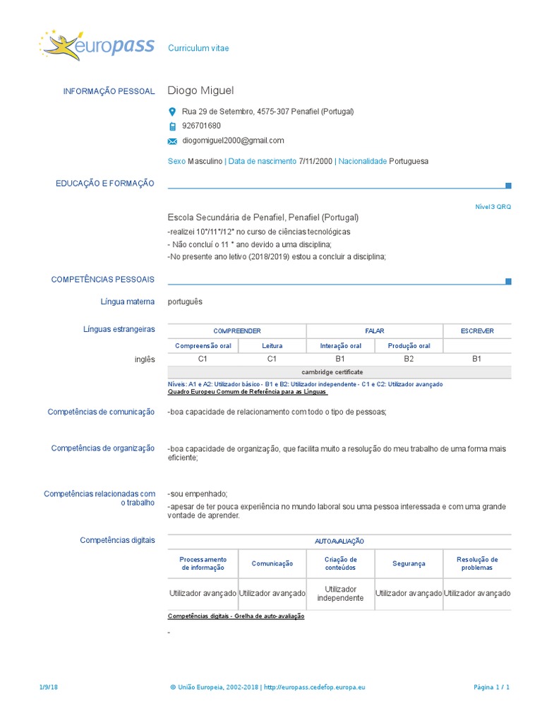 CV Europass 20180901 Miguel PT PDF | PDF | Português (idioma ...