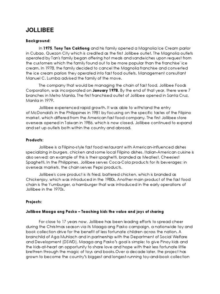 Jollibee: Background | PDF | Food And Drink | Foods