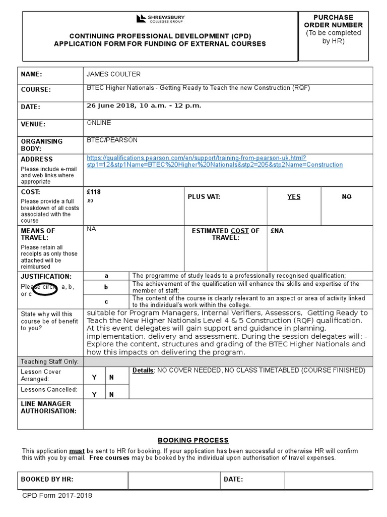 CPD Form Btec Course | PDF | Pedagogy | Learning