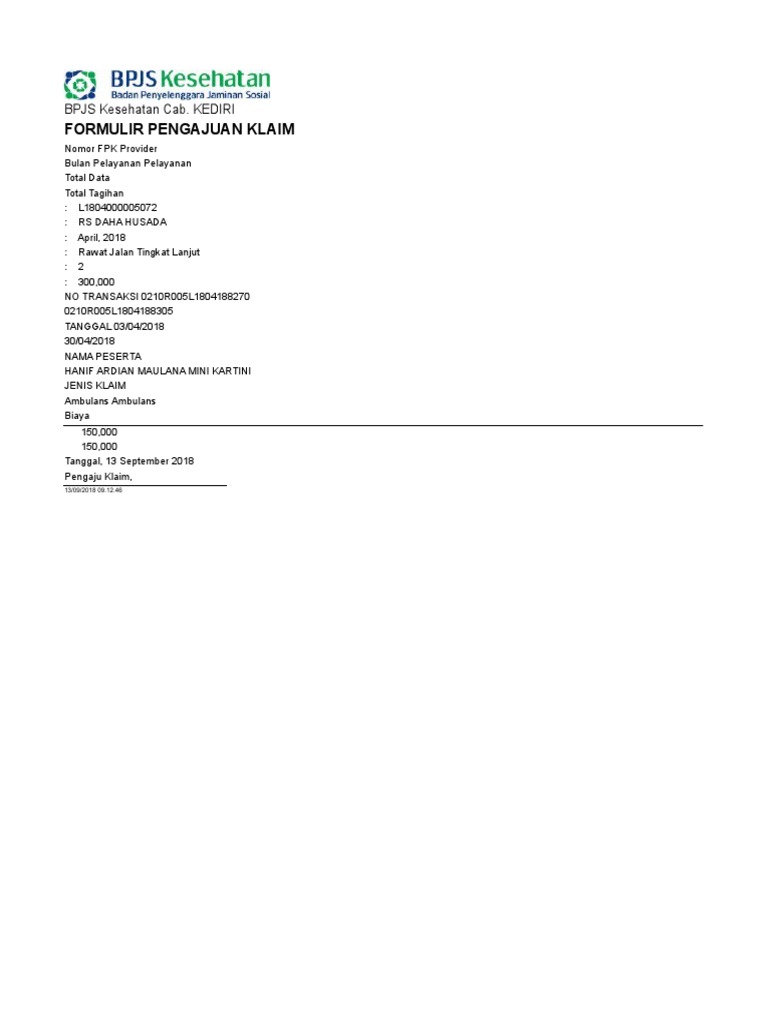 Formulir Pengajuan Klaim: BPJS Kesehatan Cab. KEDIRI | PDF