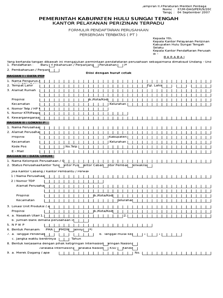 Blanko Permohonan Tanda Daftar Perusahaan TDP Untuk PT | PDF