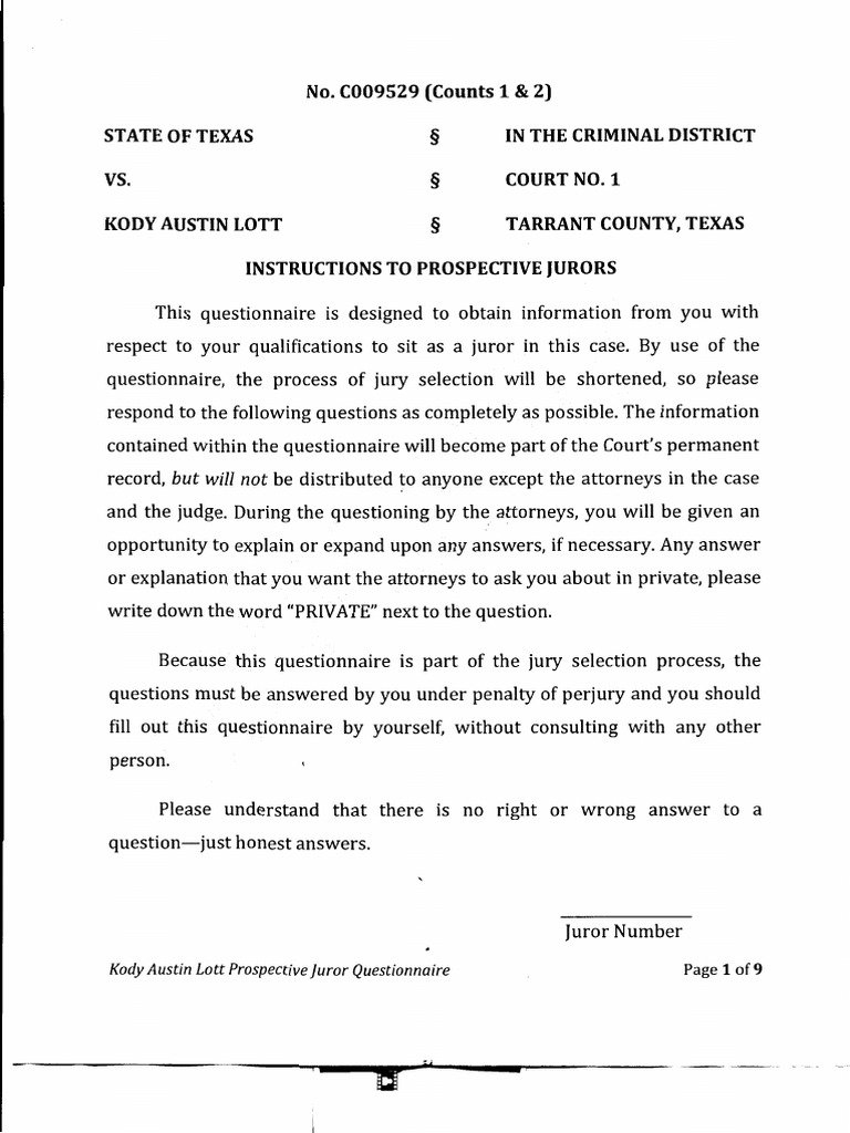 Kody Austin Lott Juror Questionnaire | PDF | Insanity Defense | Jury ...
