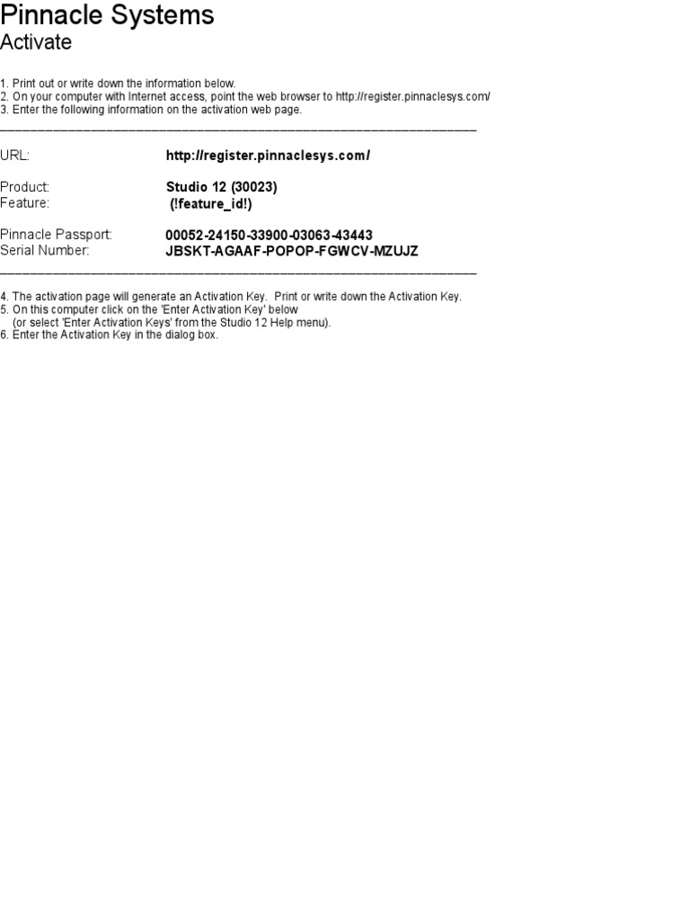 Pinnacle Systems Activation Info | PDF