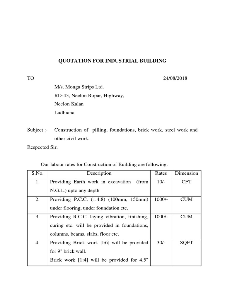 Quotation For Industrial Building | PDF | Brick | Wall