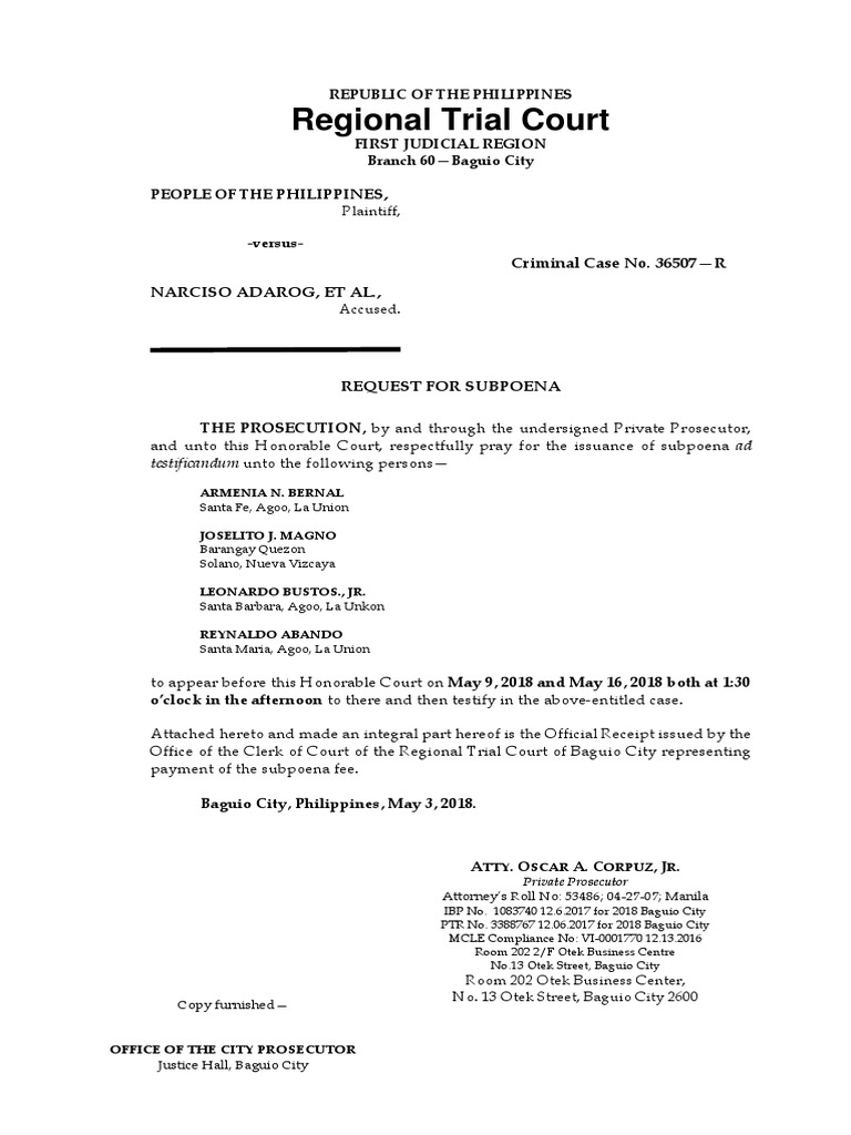 Sample Request For Subpoena | Download Free PDF | Prosecutor | Legal ...