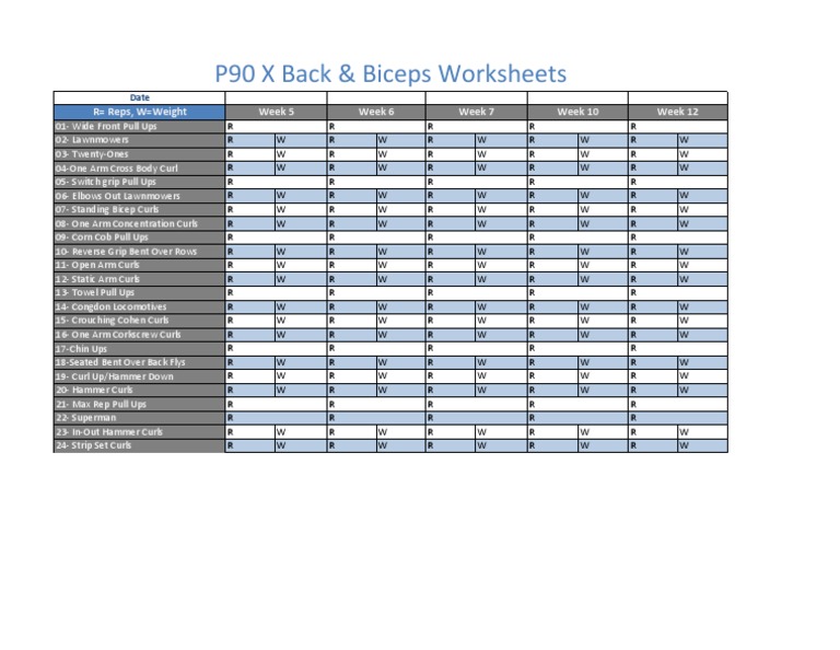 P90 X Back & Biceps Worksheets: R Reps, W Weight Week 5 Week 12 Week 10 ...