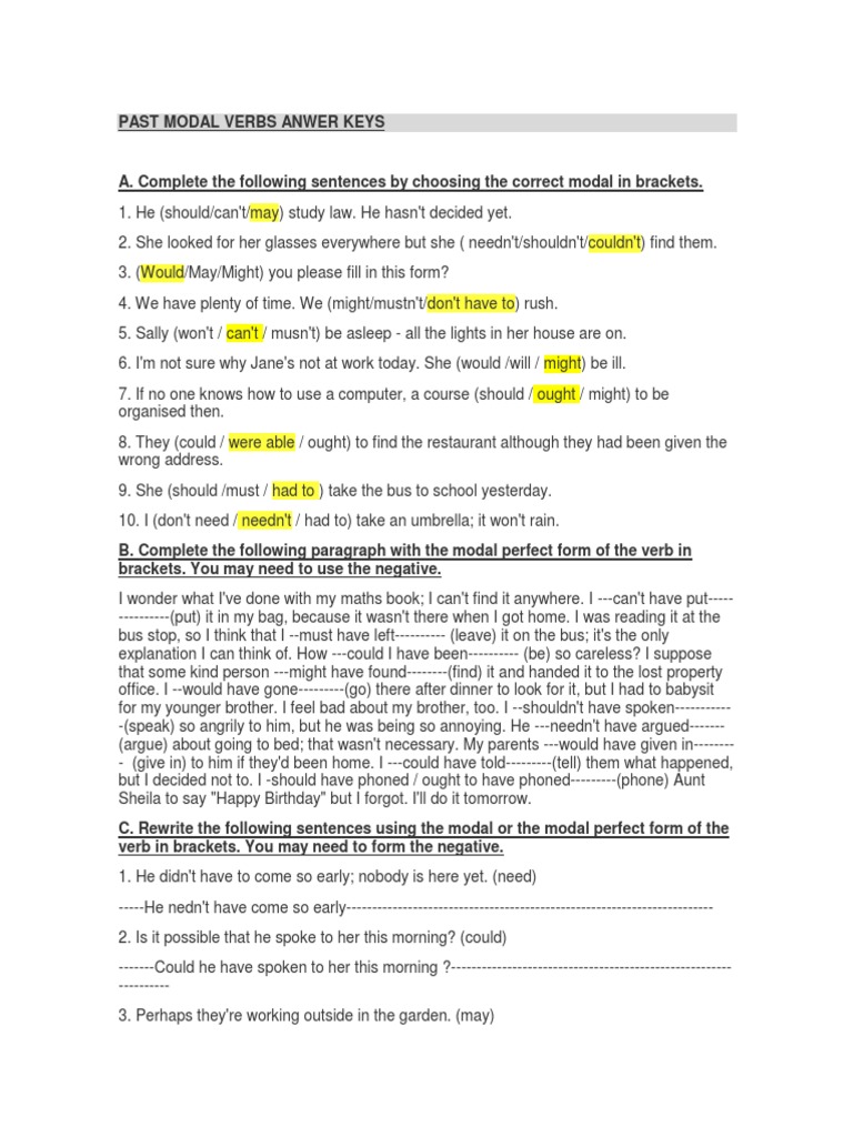 Past Perfect Modals Answers | PDF