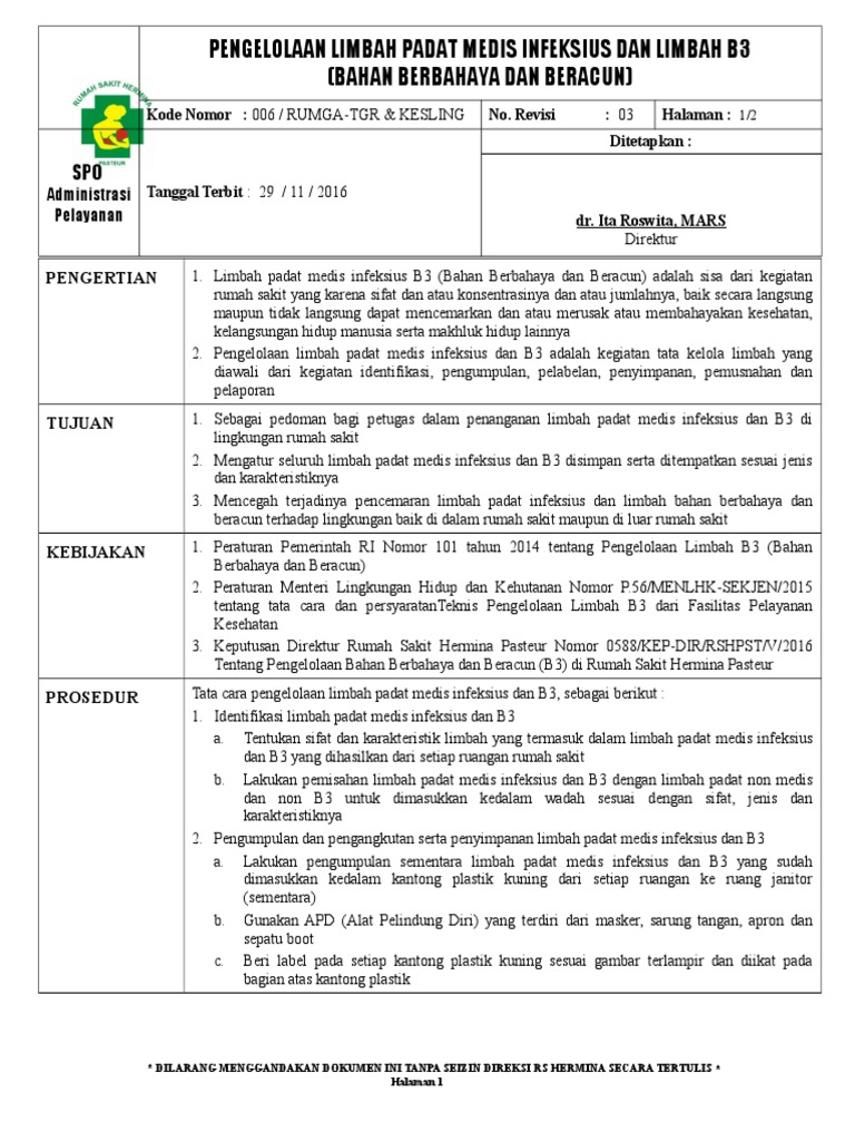 Spo Pengelolaan Limbah Padat Medis Infeksius Dan Limbah b3 | PDF | Sains & Matematika
