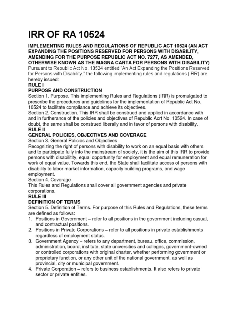 Irr of Ra 10524 | Download Free PDF | Disability | Employment