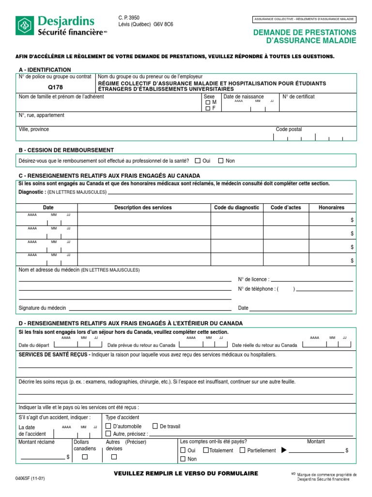 Demande Prestations Assurance Maladie QUEBEC | PDF | Médecin | Assurance