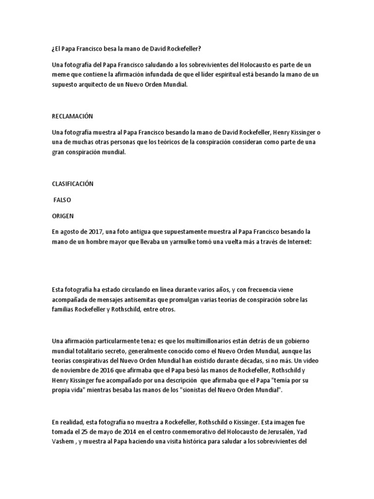 El Papa Francisco Besa La Mano de David Rockefeller de Snope Ing A Esp ...