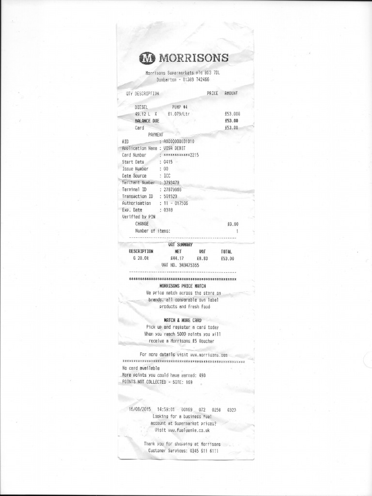 Morrisons 2015 Fuel Receipt | PDF