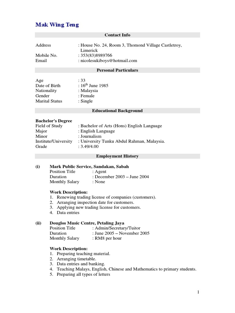 Mak Wing Teng: Contact Info | PDF | Behavior Modification
