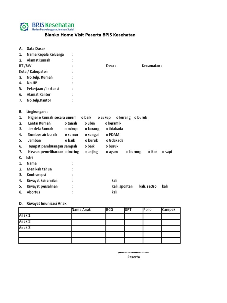 Blanko Home Visit Peserta BPJS Kesehatan: A. Data Dasar | PDF