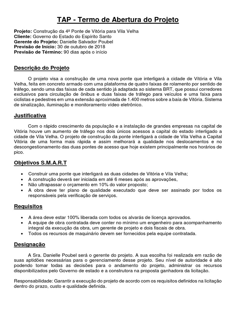 TAP - Termo de Abertura Do Projeto | PDF | Tráfego | Business