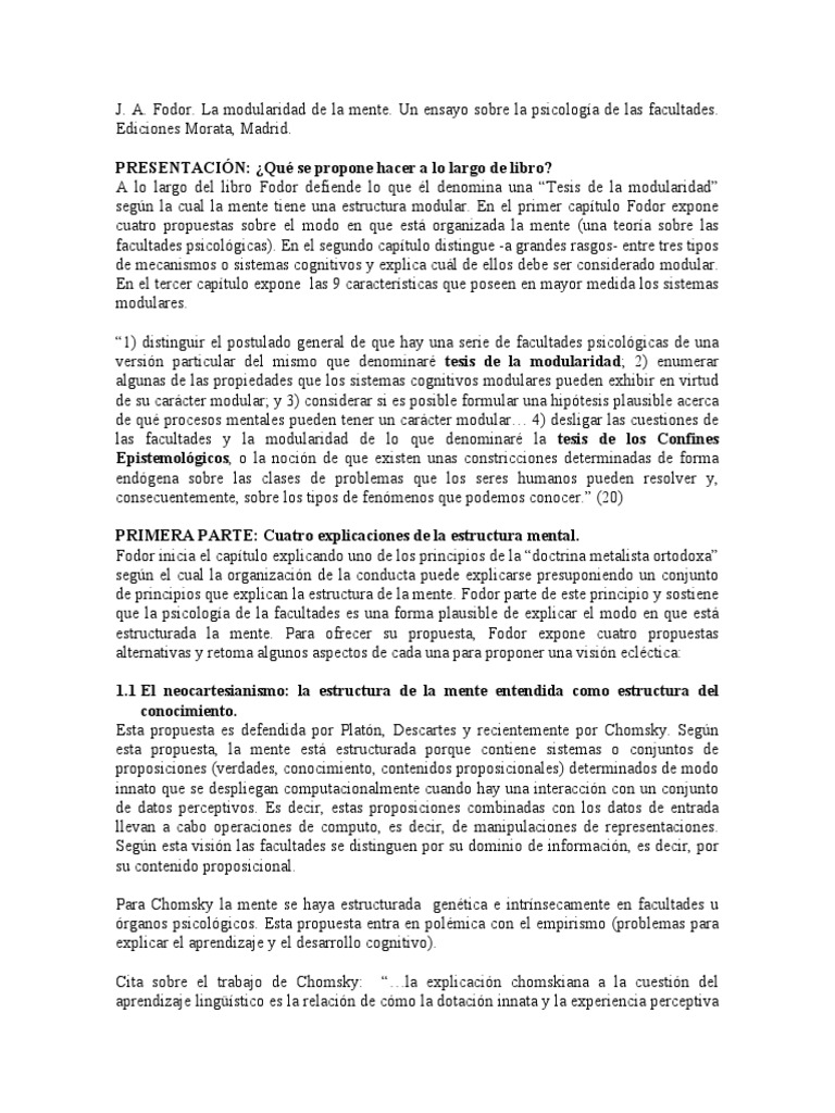 Resumen de La Modularidad de La Mente de Jerry Fodor | PDF | Noam ...
