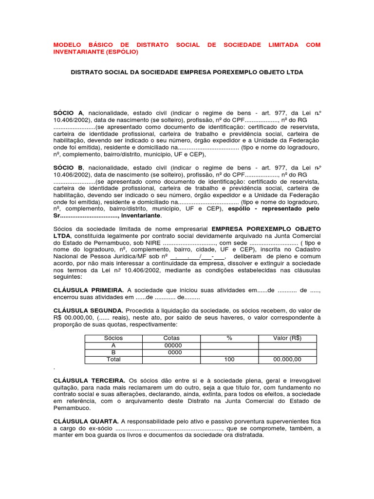 Distrato Social de Sociedade Limitada - Modelo | Informação ...