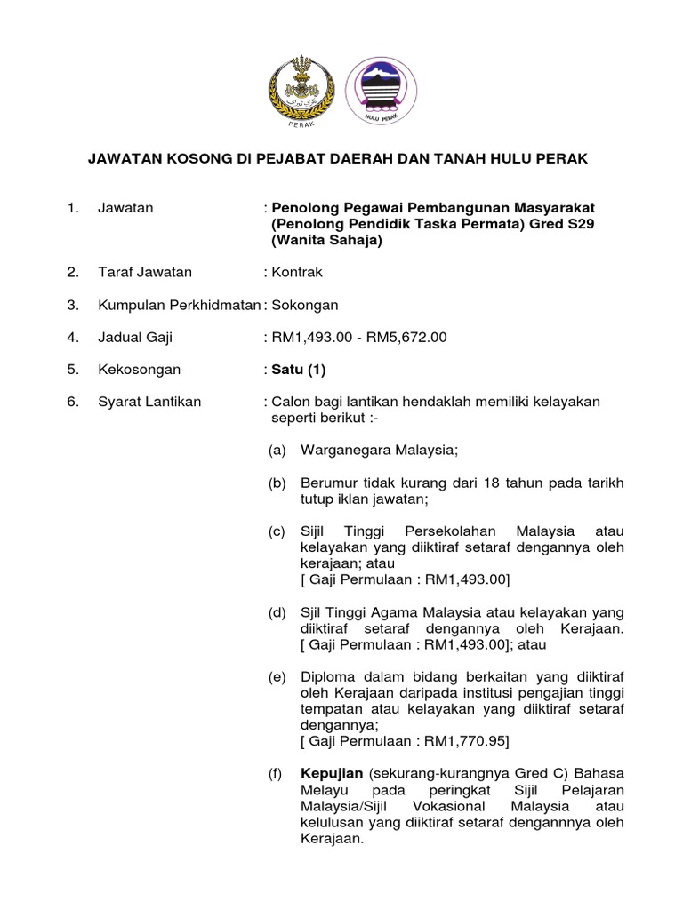 Iklan Jawatan Kosong - Penolong Pendidik Taska Permata S29 PDF | PDF