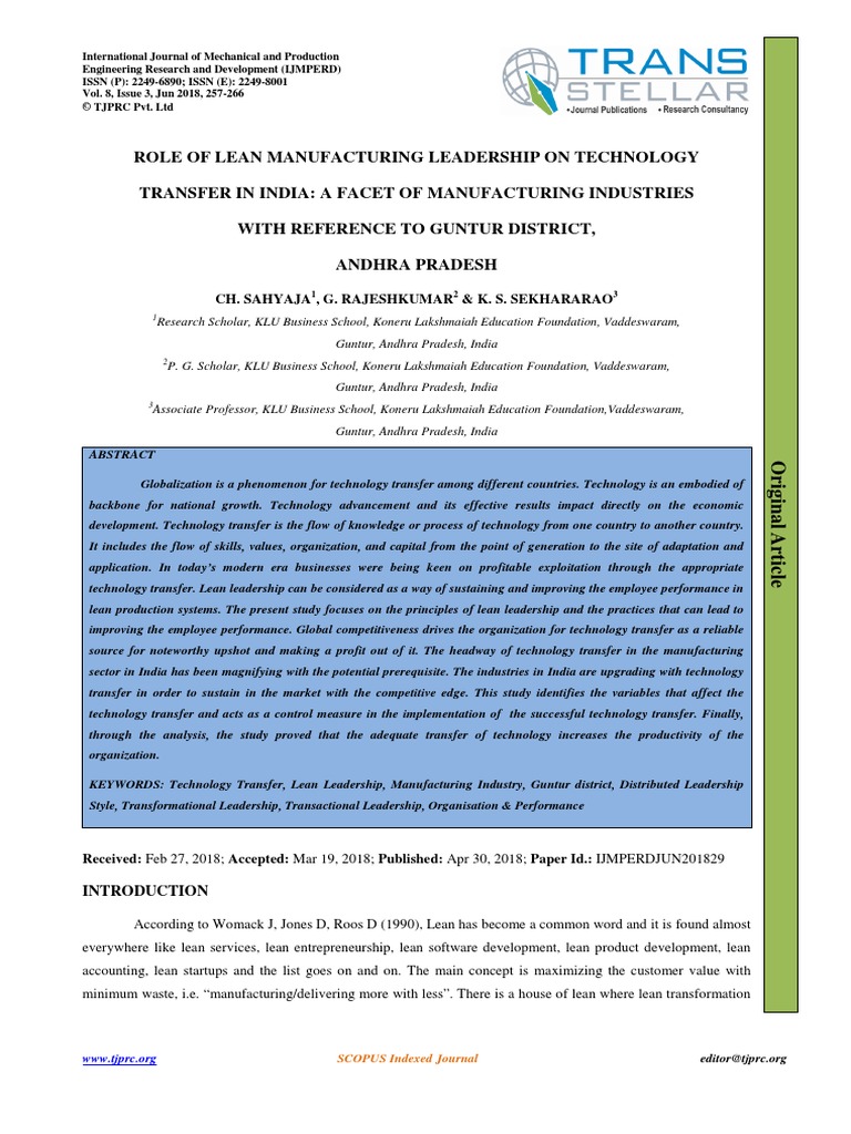 Role of Lean Manufacturing Leadership On Technology Transfer in India ...
