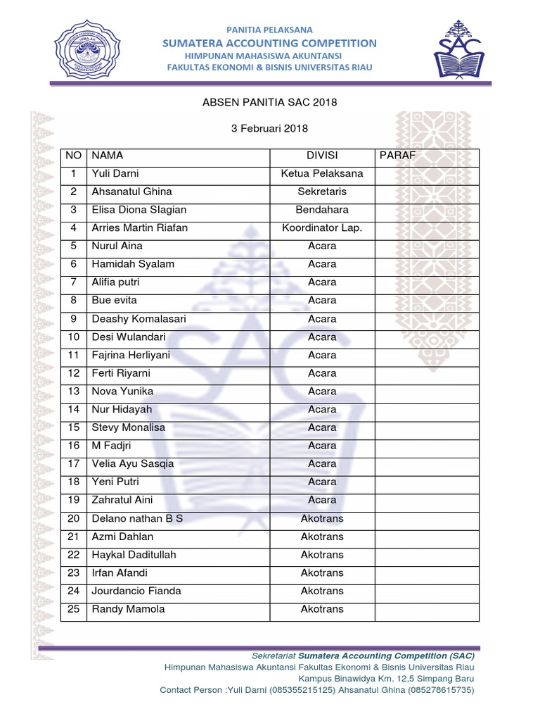Absen Rapat Panitia Sac 2018 | PDF
