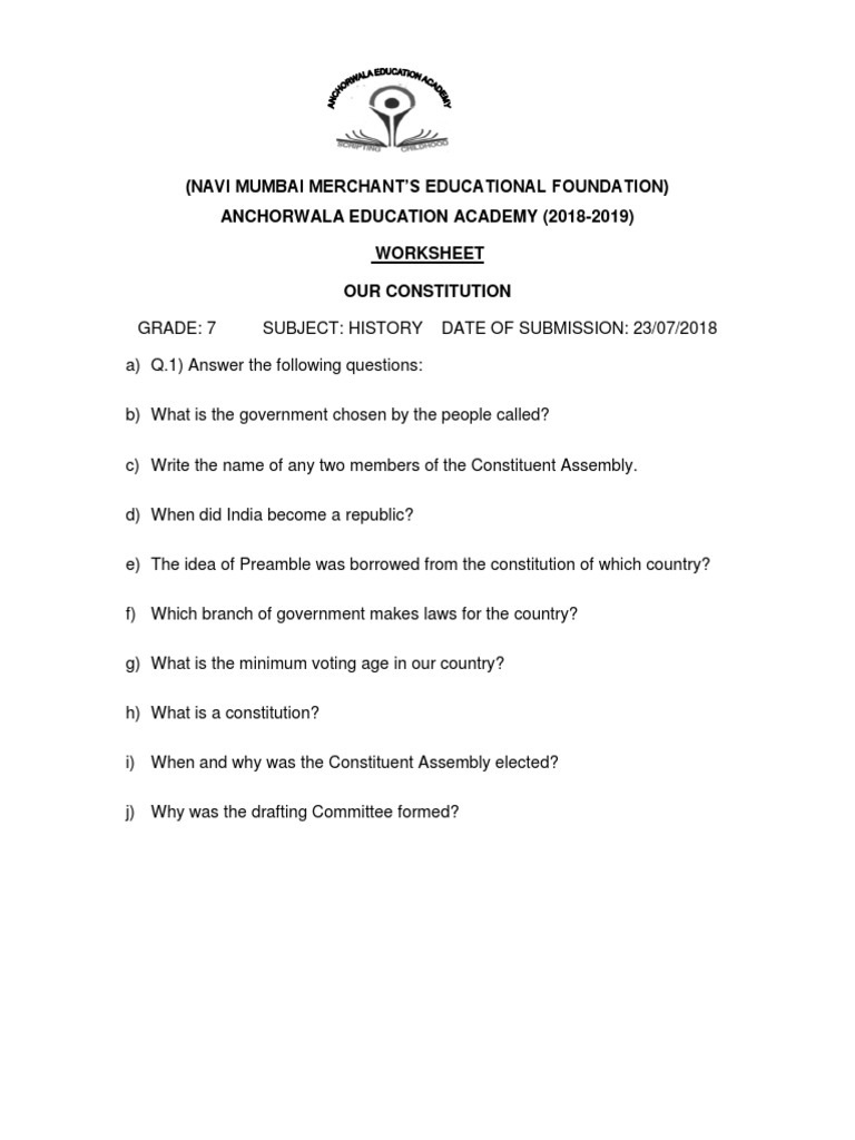 Grade 7 History: Our Constitution Worksheet | PDF