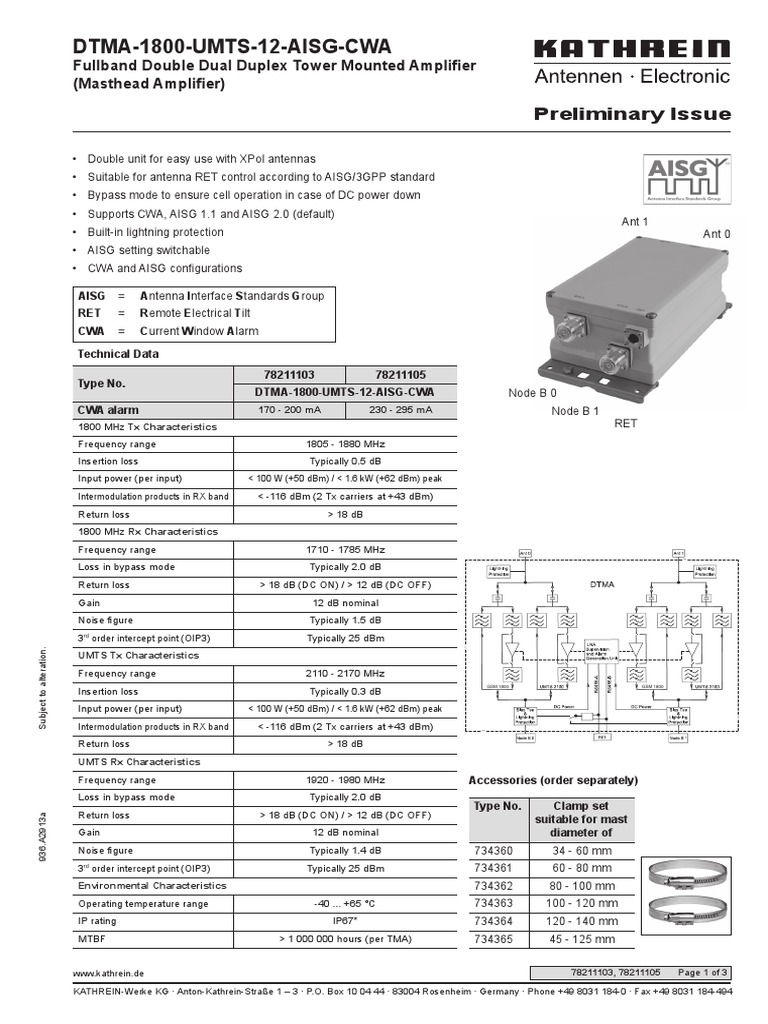 Dtma 1800 Aisg-Cwa Kathrein | PDF | Decibel | Amplifier
